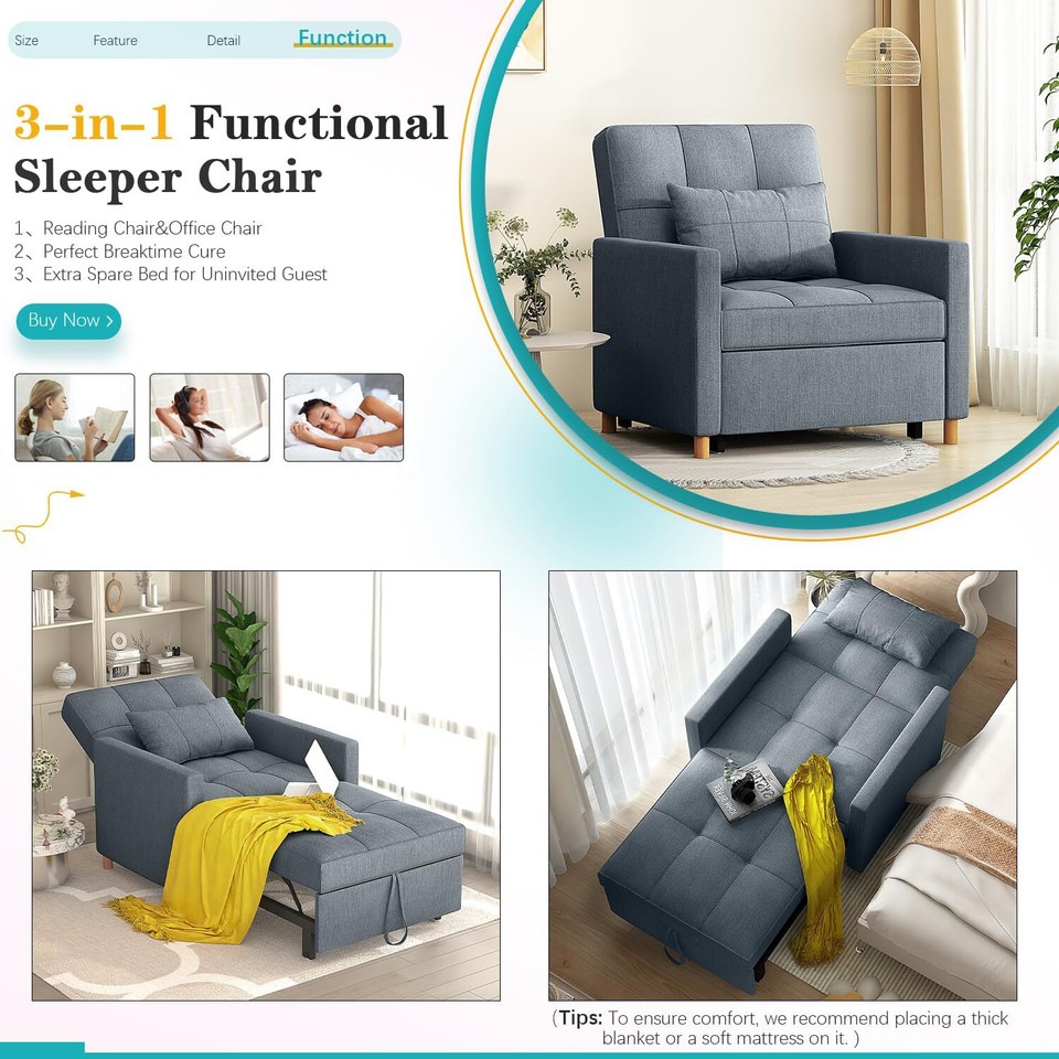 Convertible Sleeper Sofa Chair 3 in 1 Pull Out Chair Bed for Adult ...