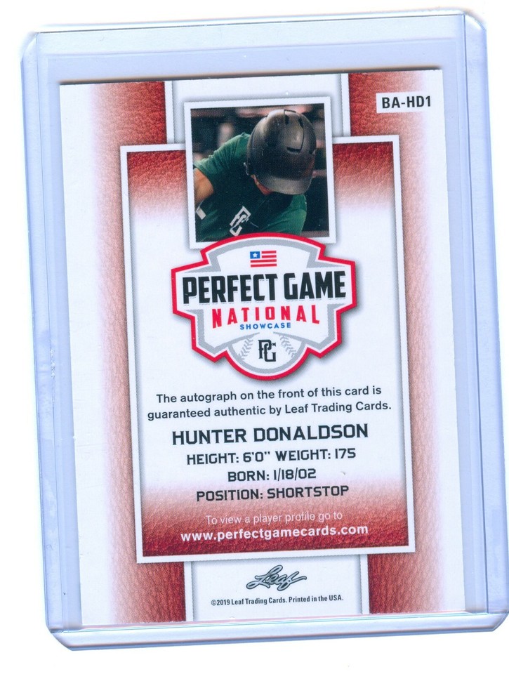 Hunter Donaldson 2019 Leaf Perfect Game Blue Autograph BA-HD1, 1/15 | eBay