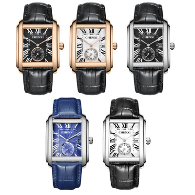 Classic Mens Waterproof Square Watch Genuine Leather Band Quartz Date ...