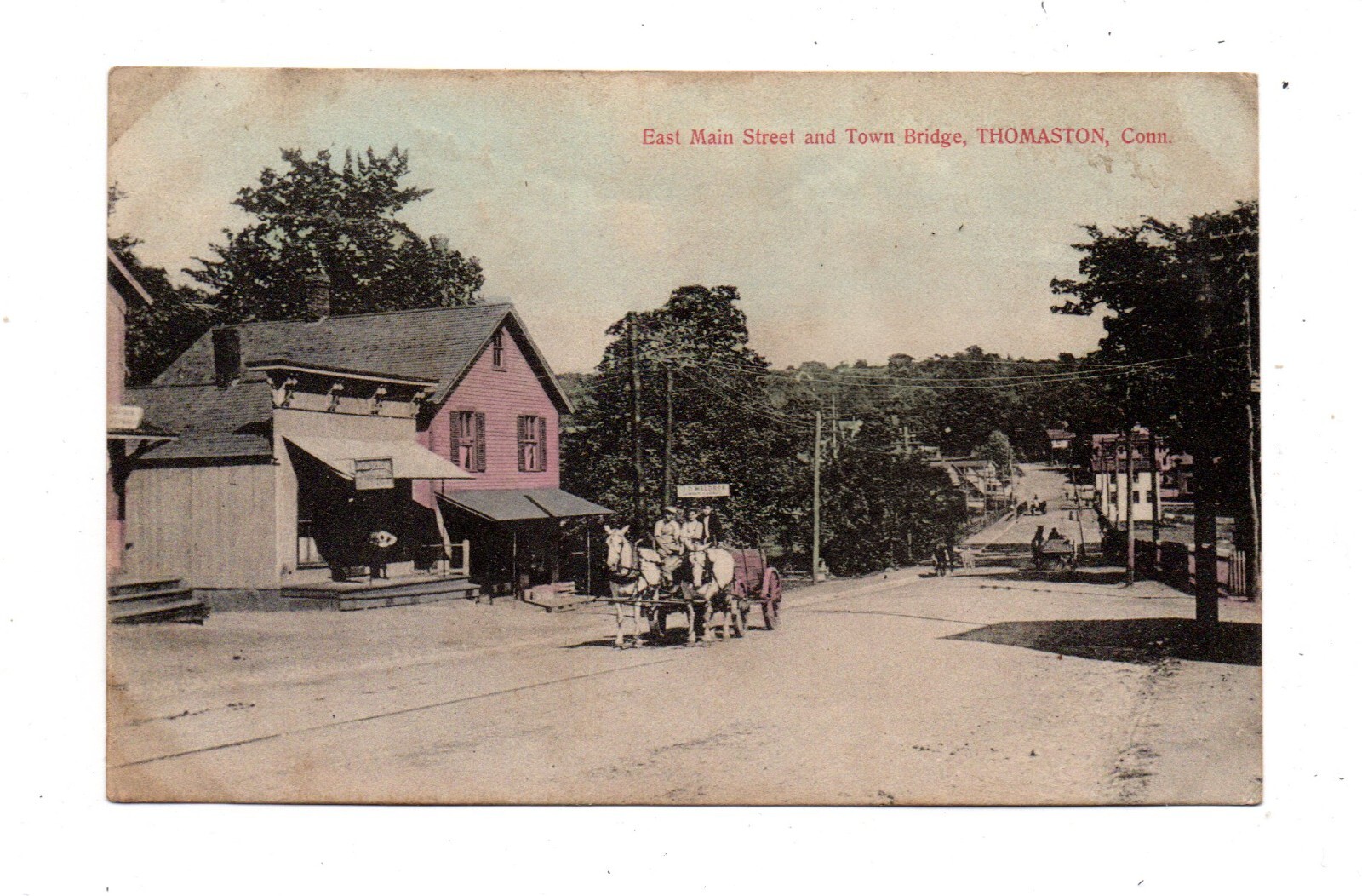 THOMASTON, CT ~ EAST MAIN STREET & TOWN BRIDGE, STORES, SIMON PUB ...