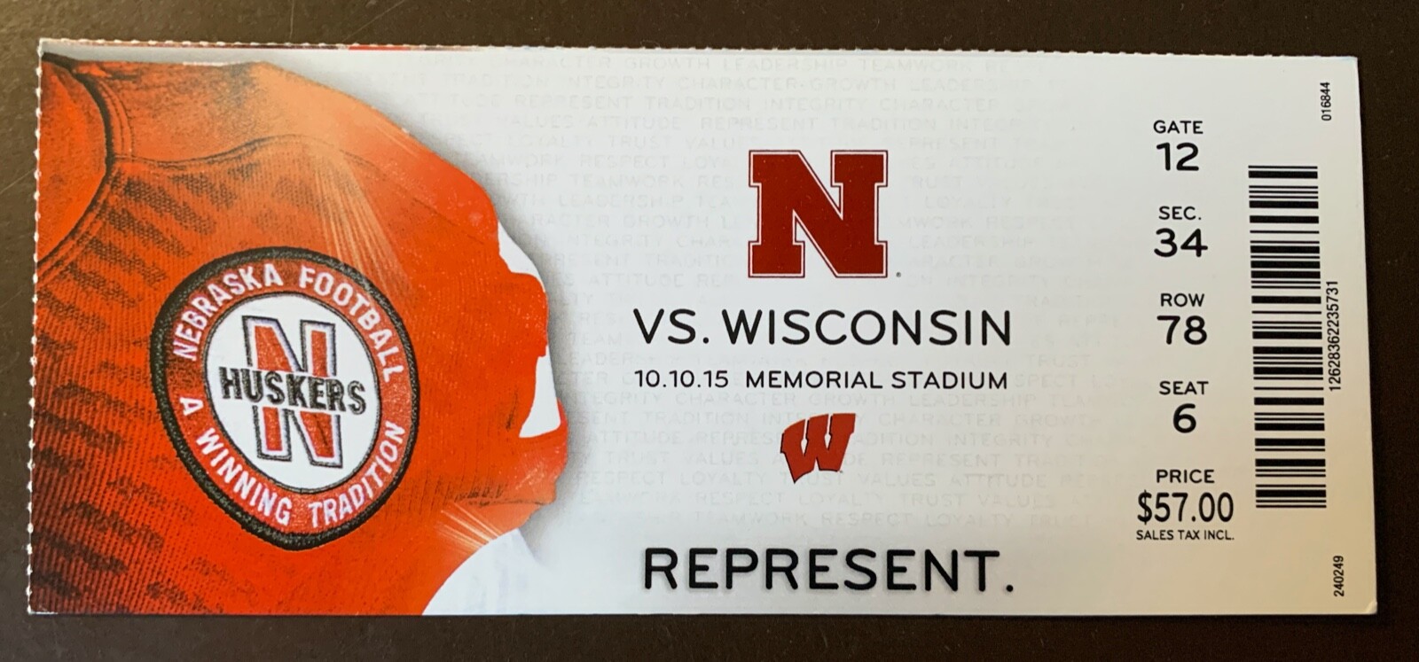 Nebraska Cornhuskers 10/10/2015 NCAA football ticket stub vs Wisconsin ...