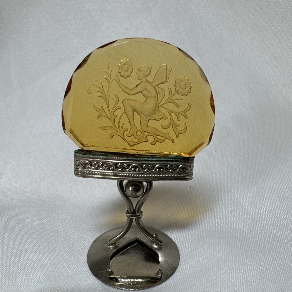 4 Czech Intaglio Glass Place Card Holders Blue Pink Green Amber Fairy ...