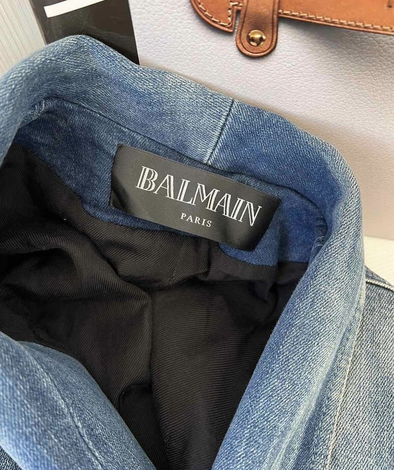 Stunning Authentic Balmain Washed Blue Denim Gold Buttons Jacket Blazer ...