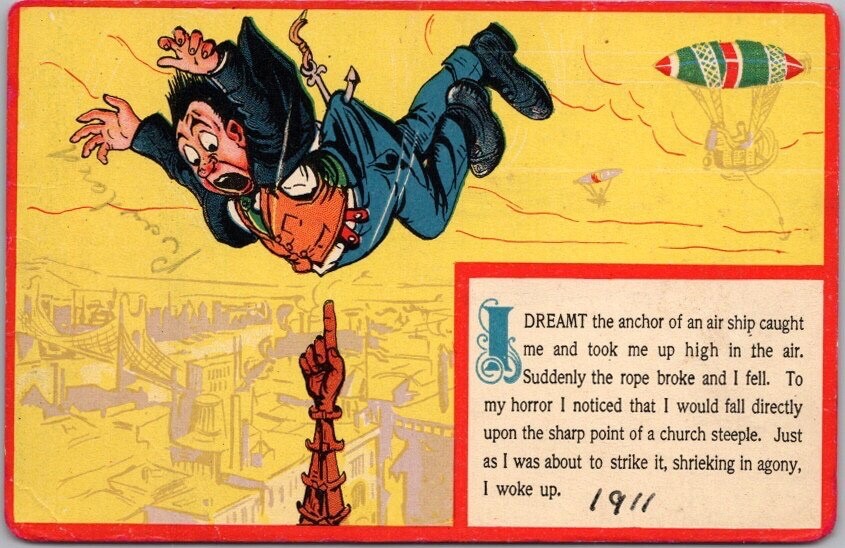 Vintage 1910s Comic Greetings Postcard / Scary Flying Dream / Blimp ...