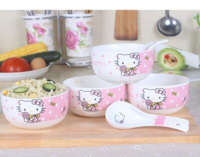 Cute 4" 4pcs Ceramic Rice Soup Bowl Home Tableware Set c/w 4 Spoons | eBay