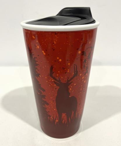 TIM HORTONS RED MOOSE DEER FOREST CERAMIC COFFEE TUMBLER MUG & LID 2017 ...