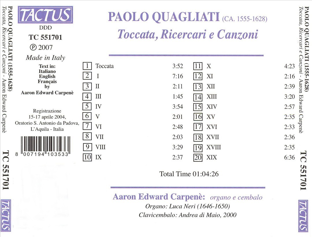 AARON EDWARD CARPENÈ PAOLO QUAGLIATI: TOCCATA, RICERCARI E CANZONI NEW CD 8007194103533 | eBay