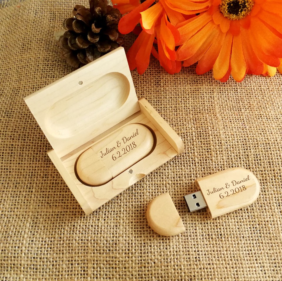 Personalized Oval Wood USB Flash Drive & Box Bundle, Wedding Gifts ...