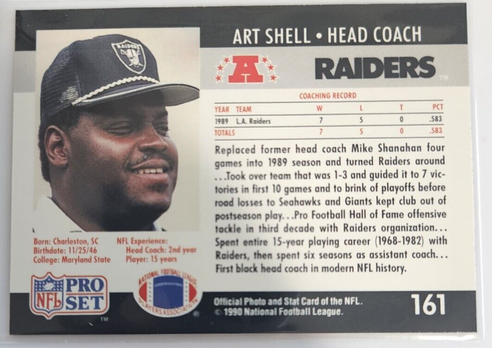 Art Shell 1990 NFL Pro Set Los Angeles Raiders Head Coach #161 HOF | eBay