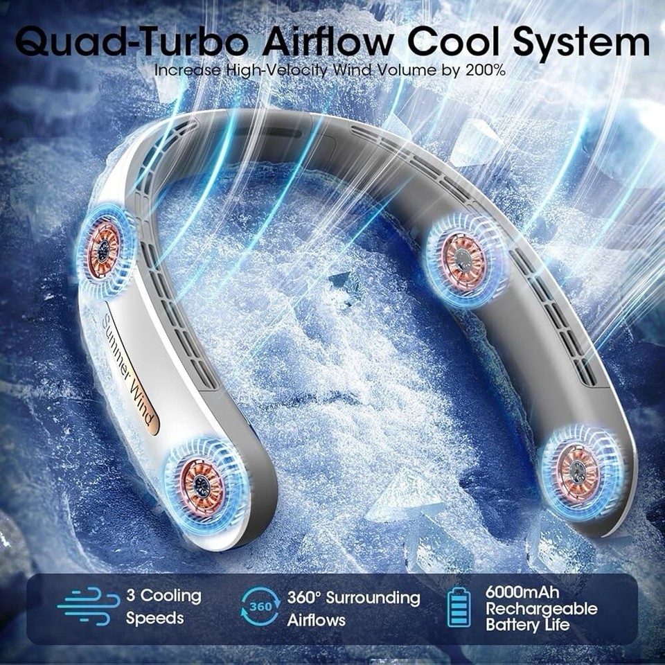 Neck Fan 4 Turbo 6000mAh Portable Neck Fan 360°Cooling Airflow ...