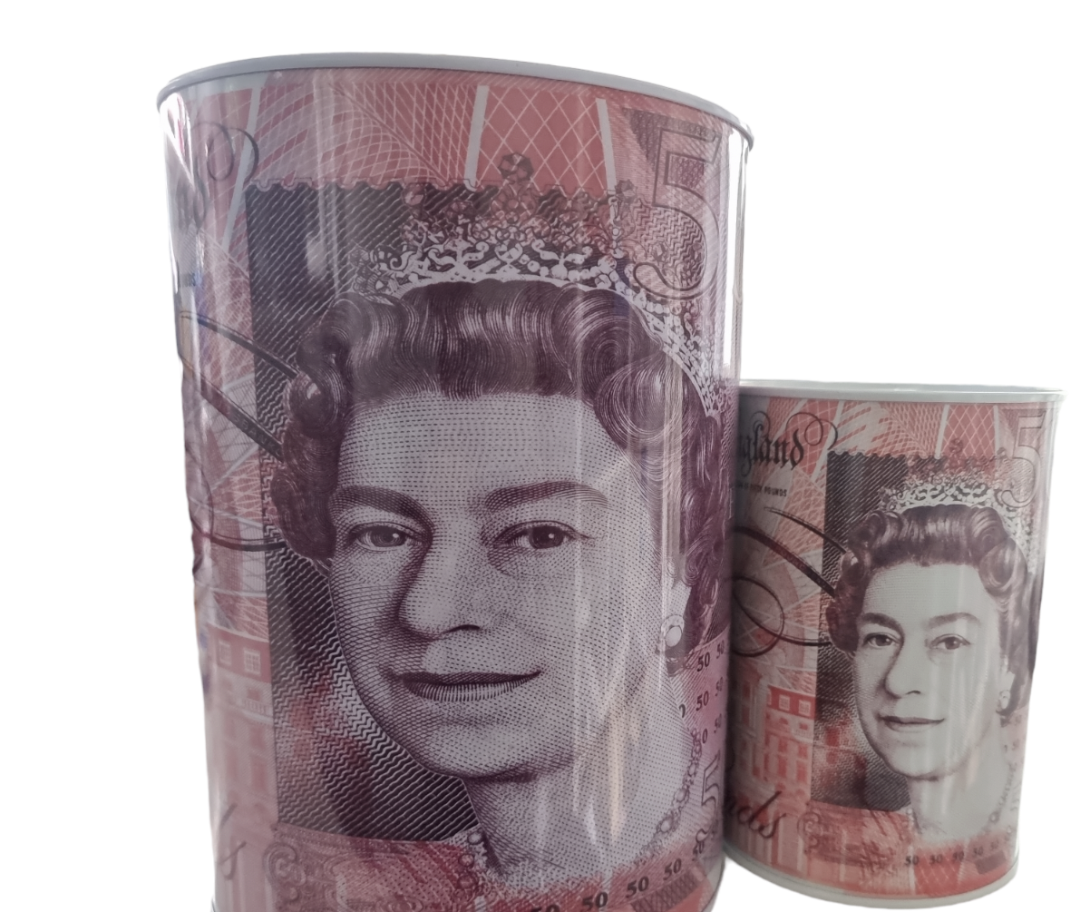 Money Box Tin £50 £20 £10 Pound Note Design Kids Saving Cash Piggy Bank ...