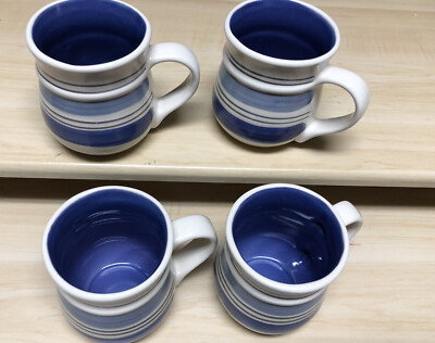 Pfaltzgraff Rio Mugs Coffee Cups Blue Stripe Rings Set of 4 Stoneware ...