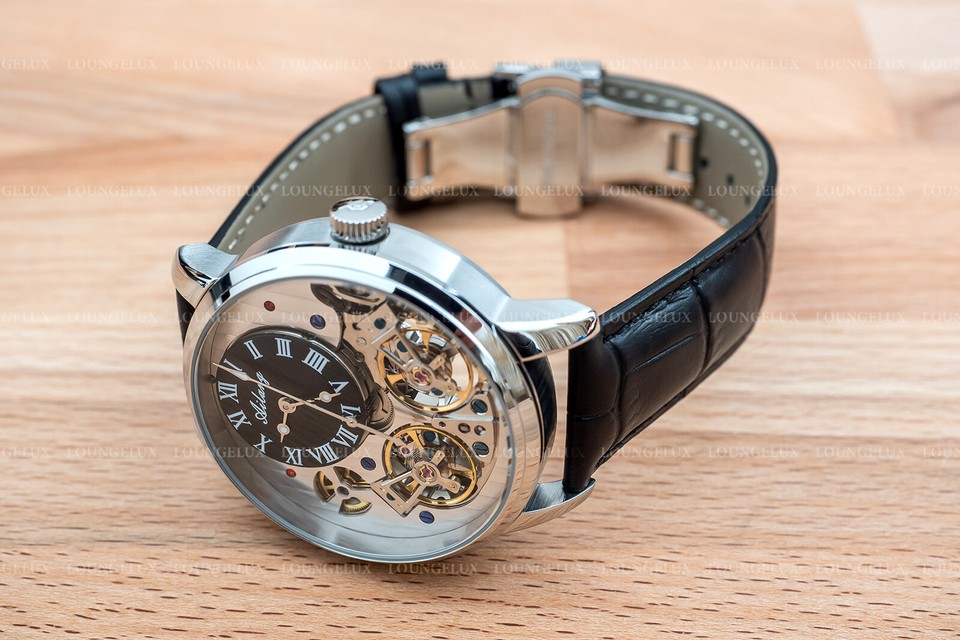 Mens Double Flywheel Automatic Mechanical Watch Silver Black Dial Black ...