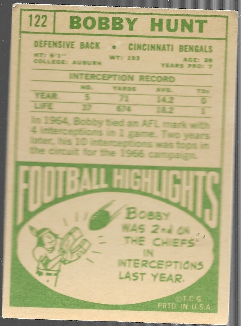 1968 Topps Bobby Hunt 122 Cincinnati Bengals Football | eBay