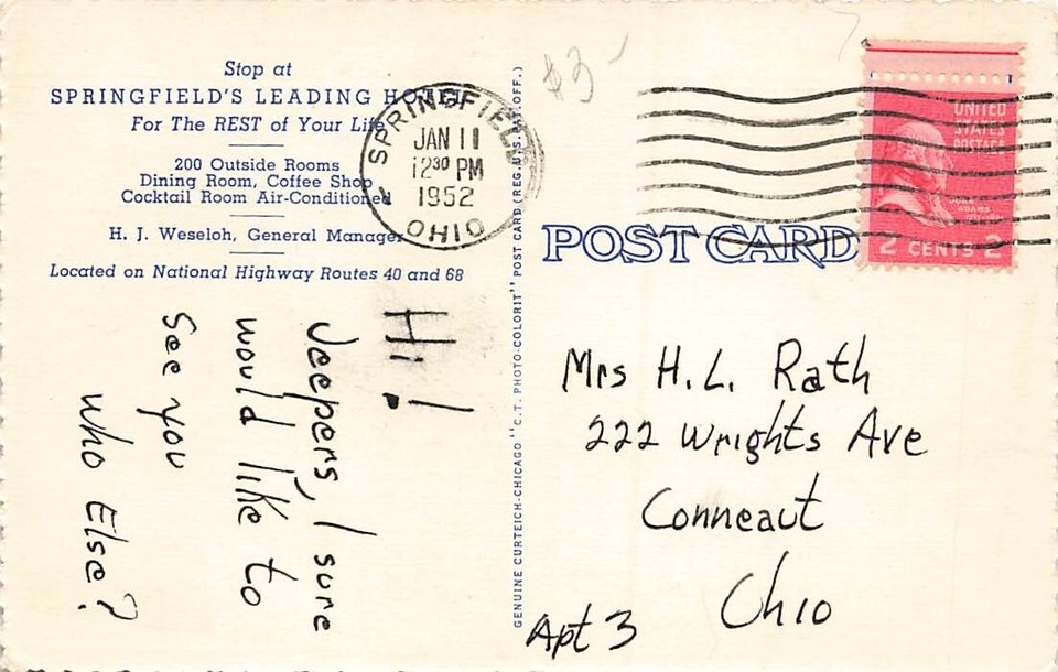 Postcard Hotel Shawnee Springfield Ohio NH1 | eBay