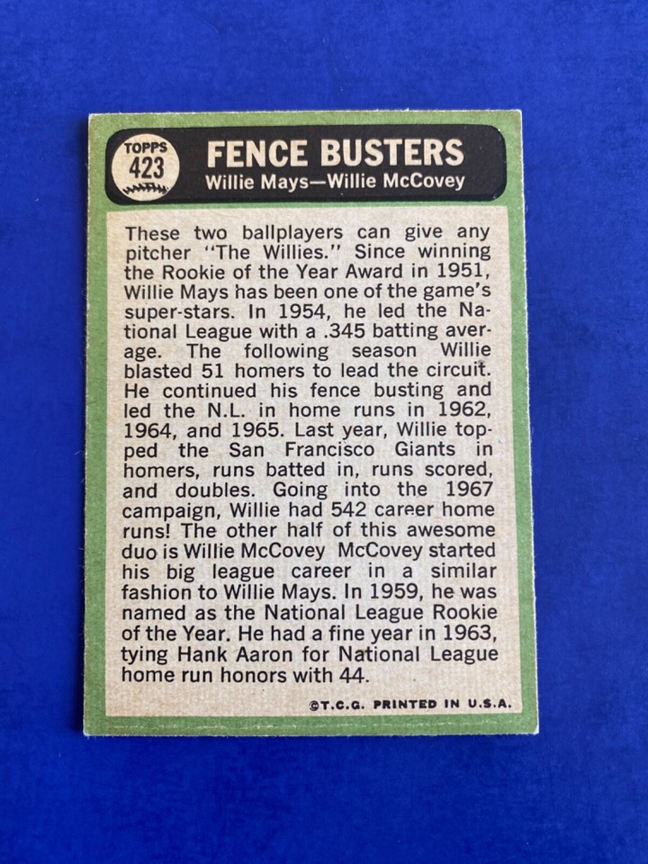 1967 Topps Fence Busters #423 Willie Mays Willie McCovey EX | eBay