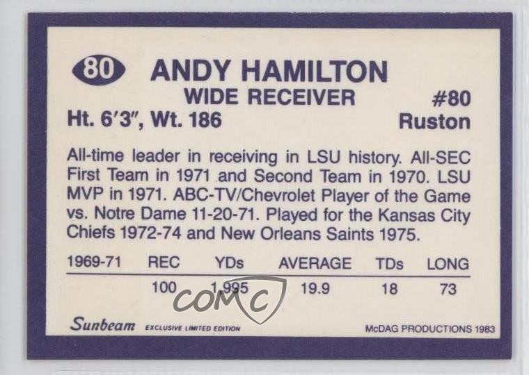 1983 Sunbeam Bread LSU Tiger Greats Andy Hamilton #80 | eBay UK