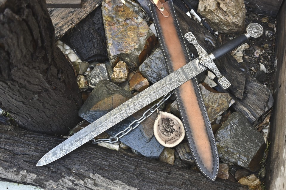 Ashen Edge Custom Forged Twist Damascus Sword Leather Wrapped Wootz ...