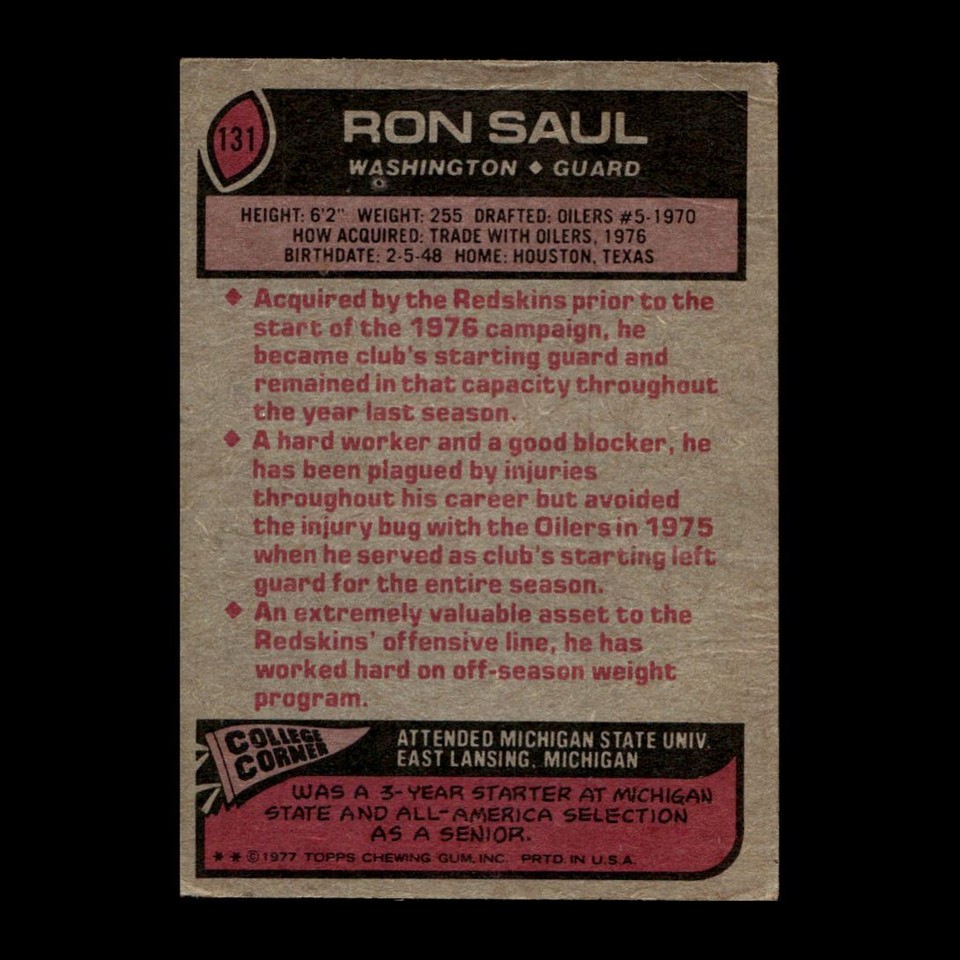Ron Saul 1977 Topps Washington Redskins #131 R324C 90 | eBay