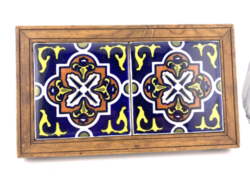 VTG Tile Trivet Orion Mexican Double Wood Frame Footed Brown, Blue ...