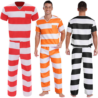 Mens Top And Pants Shirt Prisoner Costumes Jailbird Halloween Role ...