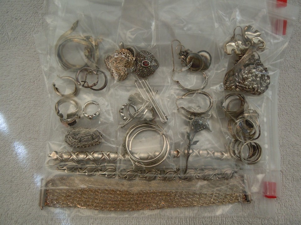 218.5g STEERLING SILVER LOT; Braclets, Ear Rings, Rings, Etc. "WEAR or ...