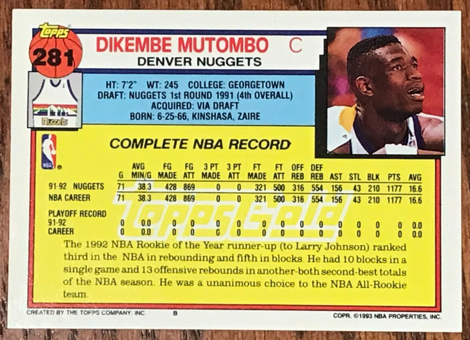 1992-93 TOPPS GOLD DIKEMBE MUTOMBO CARD #281 -OCT111 | eBay