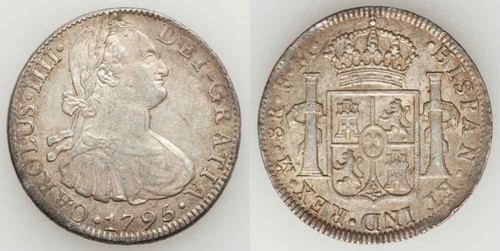 Silver Coin Mexico 8 Reales 1795 FM Charles IIII of Spain Mint Mark Mo ...