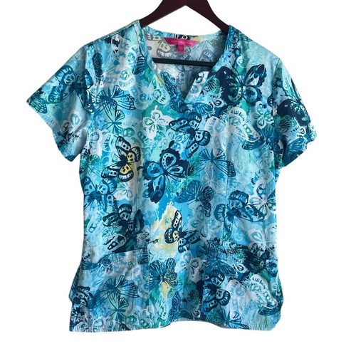 Beyond Scrubs Women Scrub Top L Blue Butterfly Medical Uniform Nurse ...