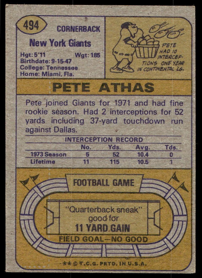 Pete Athas 1974 Topps #494 New York Giants Football Card | eBay