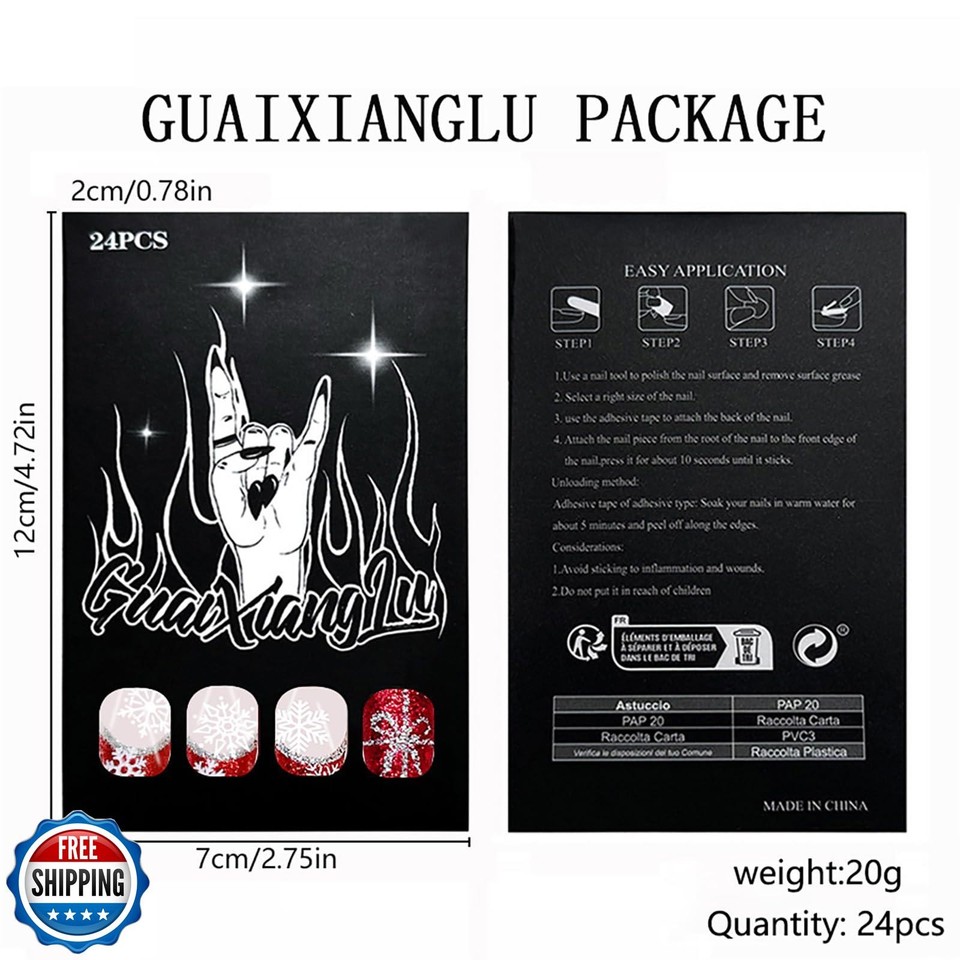 24Pcs Christmas Fake Nails Red Press on Nails Glitter Press on Nails ...