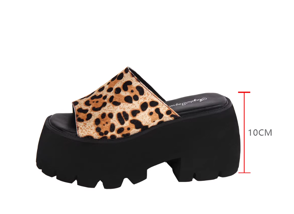Womens Fashion Summer Peep Toe Leopard Creeper Slipper Chunky High Heel ...