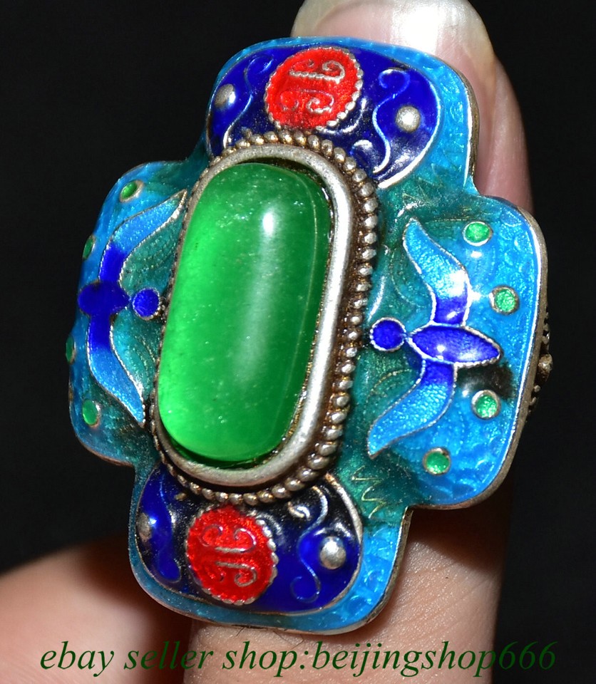 1.6" Old Chinese Silver Enamel Green Jade Gems Jewelry Round Ring ...