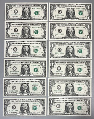 1995 One Dollar Bills $1 COMPLETE DISTRICT SET 12 NOTES Federal Reserve ...