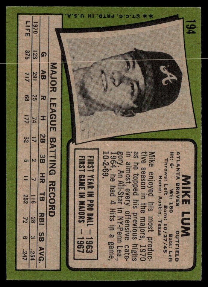 Mike Lum 1971 Topps #194 EX | eBay