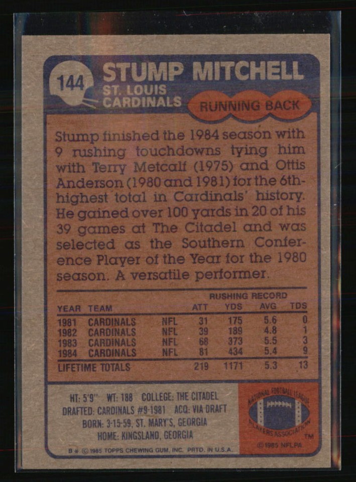 Stump Mitchell 1985 Topps #144 Football Card | eBay