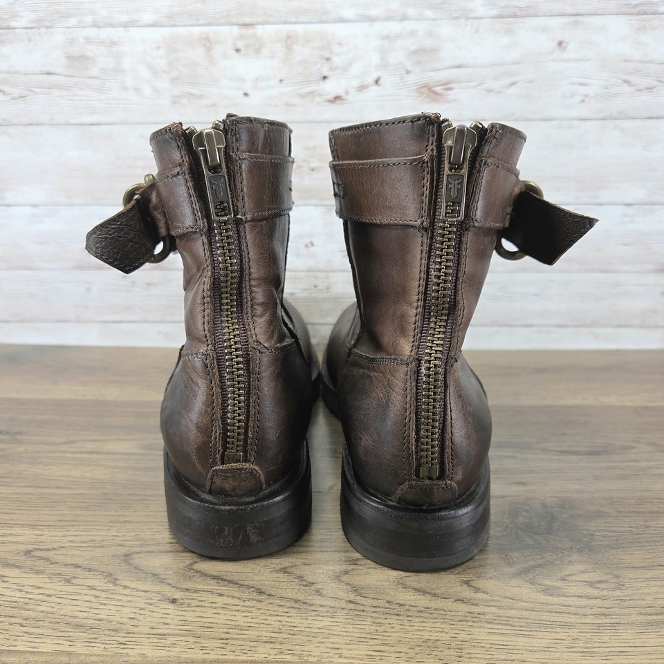 Frye Veronica Short Brown Leather Side Strap Zip Womens Moto Boots Size ...