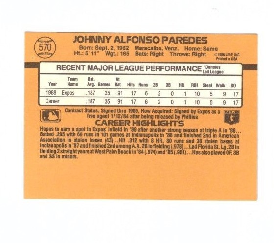 1989 Donruss Baseball card #570 Johnny Paredes Montreal Expos | eBay