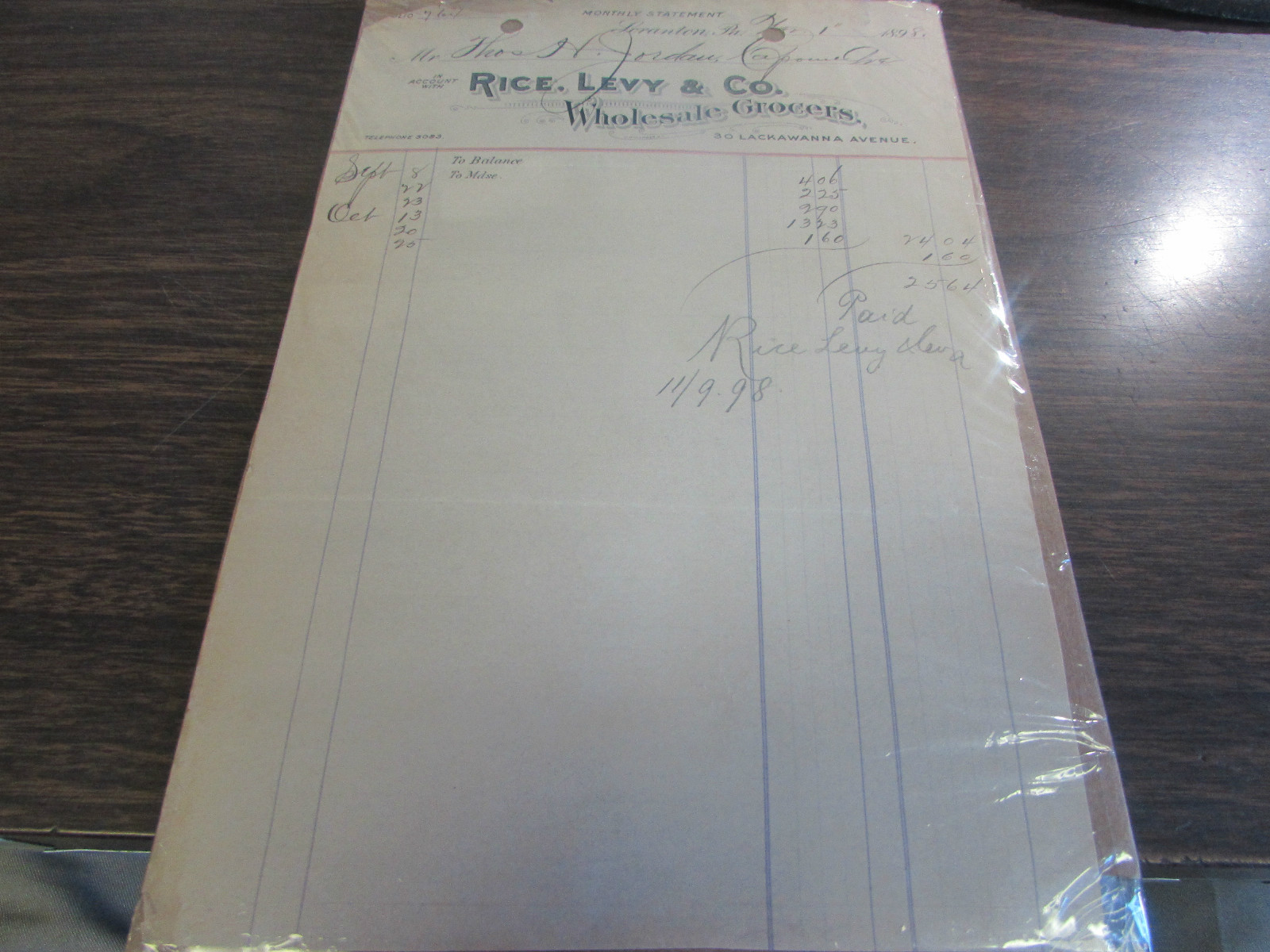 RICE LEVY & CO - WHOLESALE GROCERS - SCRANTON PA BILLHEAD 1898 | eBay