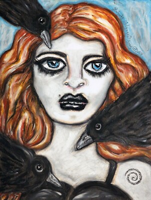 WOMAN with CROWS Birds 13 x 19 Art Print Gothic Decor Signed by Artist ...