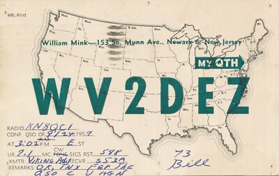 QSL CARD HAM RADIO WV2DEZ W2DEZ WILLIAM MINK BILL NEWARK, NEW JERSEY ...