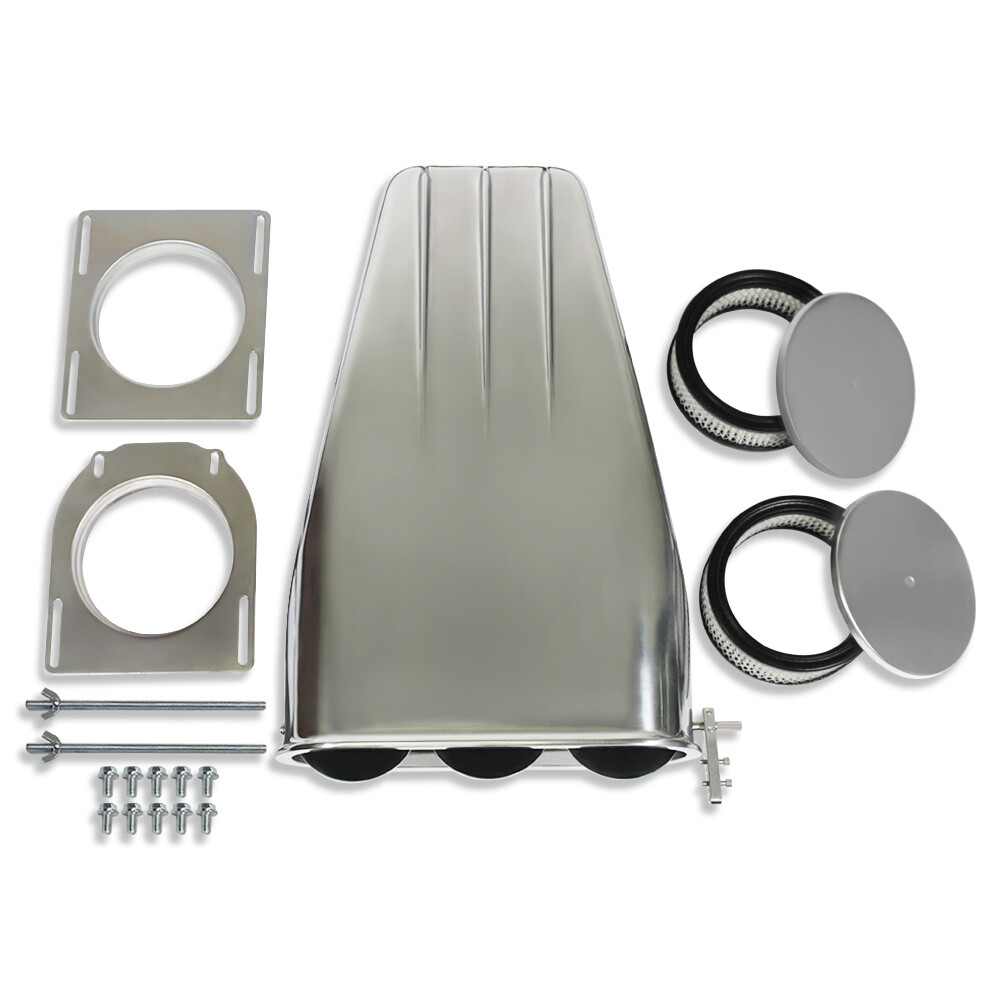 For Single/Dual Carb 4BBL Polished Aluminum Bug Catcher Finned Hood Air ...
