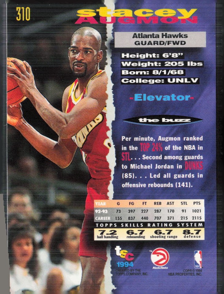 1993-94 Topps Stadium Club #310 Stacey Augmon First Day Issue Atlanta ...