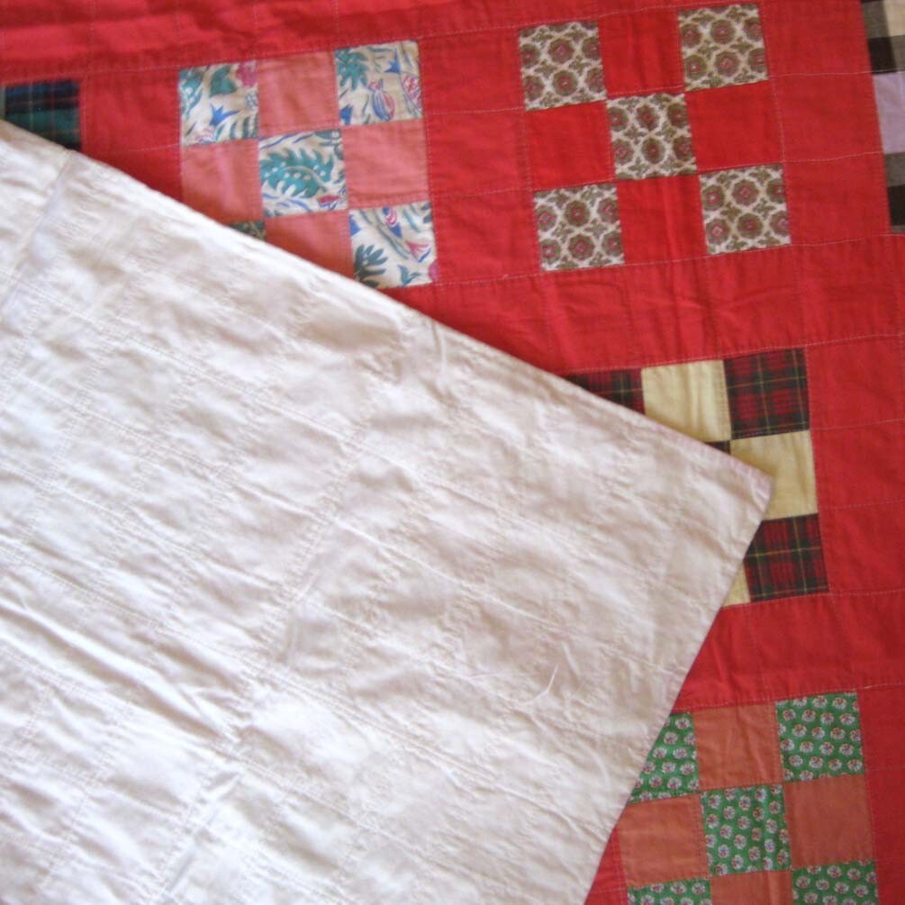 Vintage Nine Patch Quilt Full 82" x 76" Red Sashing Machine Stitched | eBay