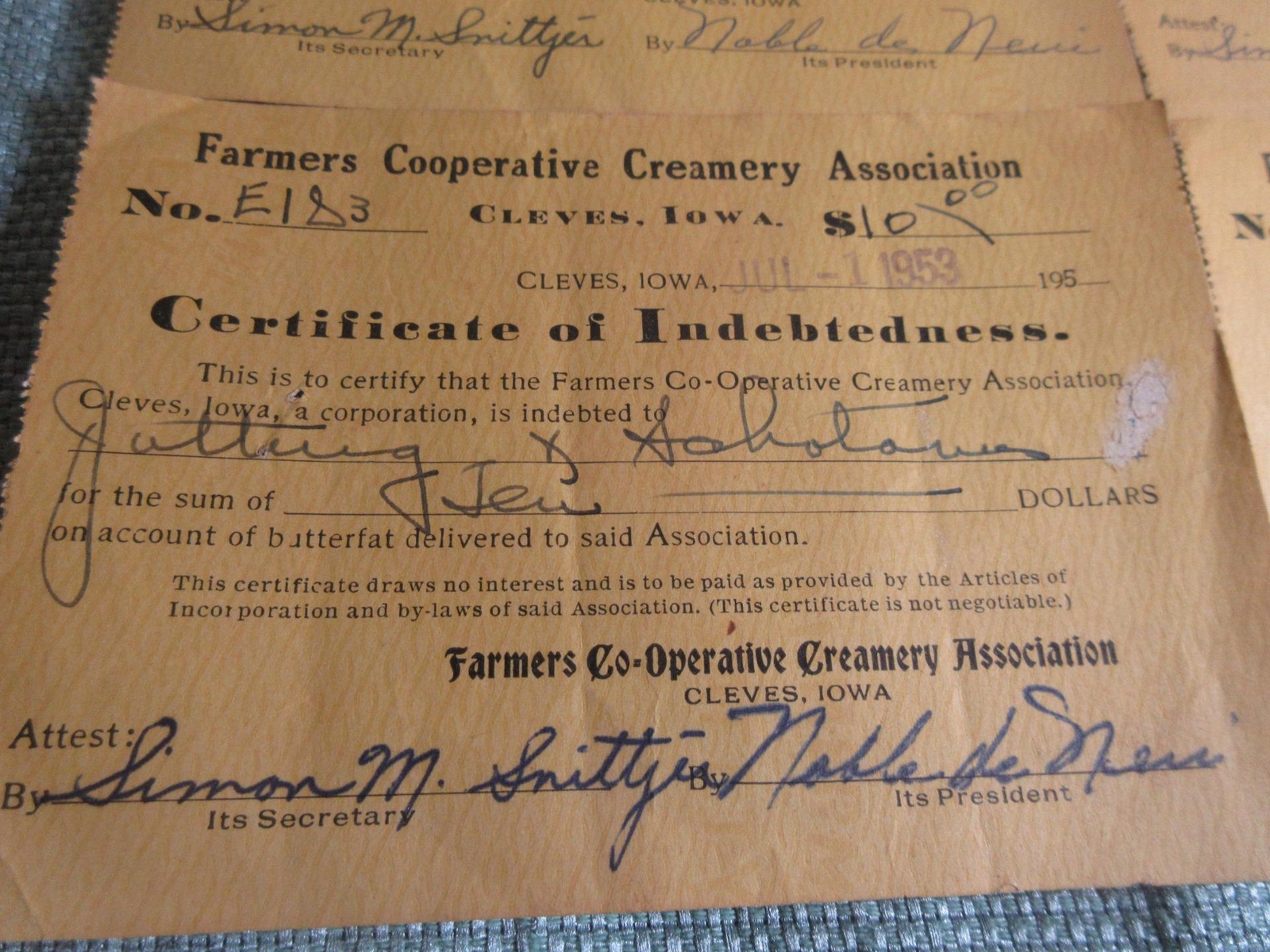 Vintage Farmers Coop Creamery Assoc Cleves Iowa 1953 Snittjer Jutting ...