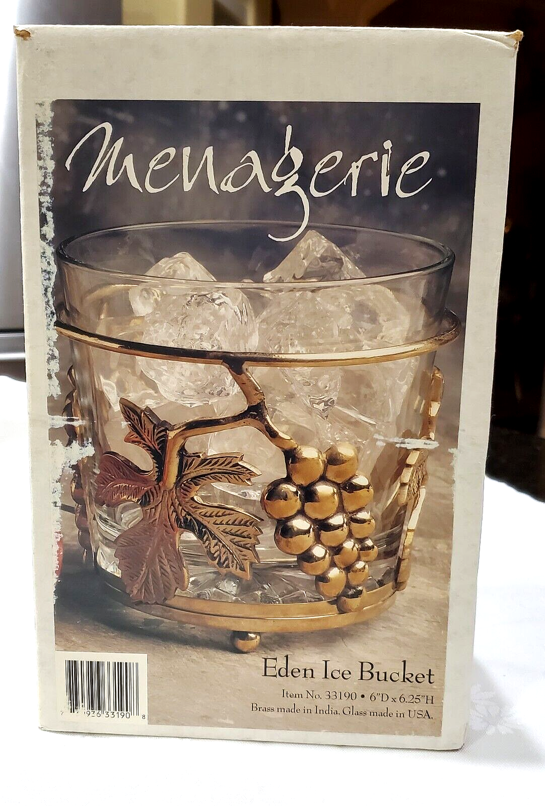 VTG Menagerie Eden Ice Bucket Brass Stand Grape Motif + Cut Glass NEW ...