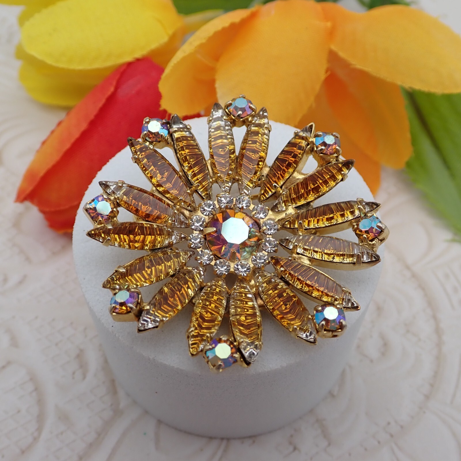 Vintage Molded Golden Navette Rhinestone AB Flower Go… - Gem