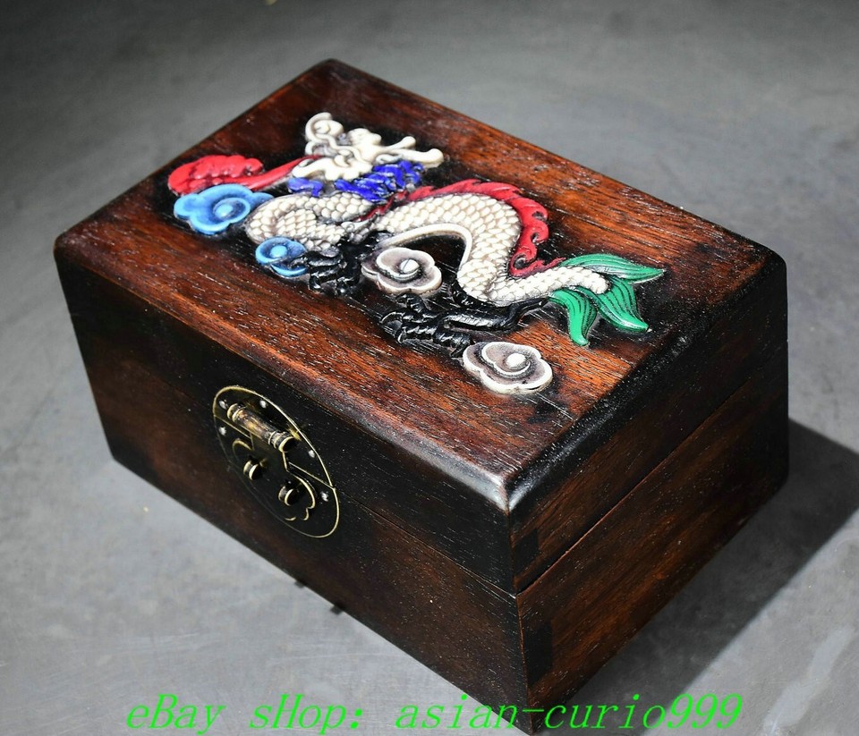 7''Old Chinese Huali Wood Inlay Shell Dragon Beast 4 Side Container Box ...