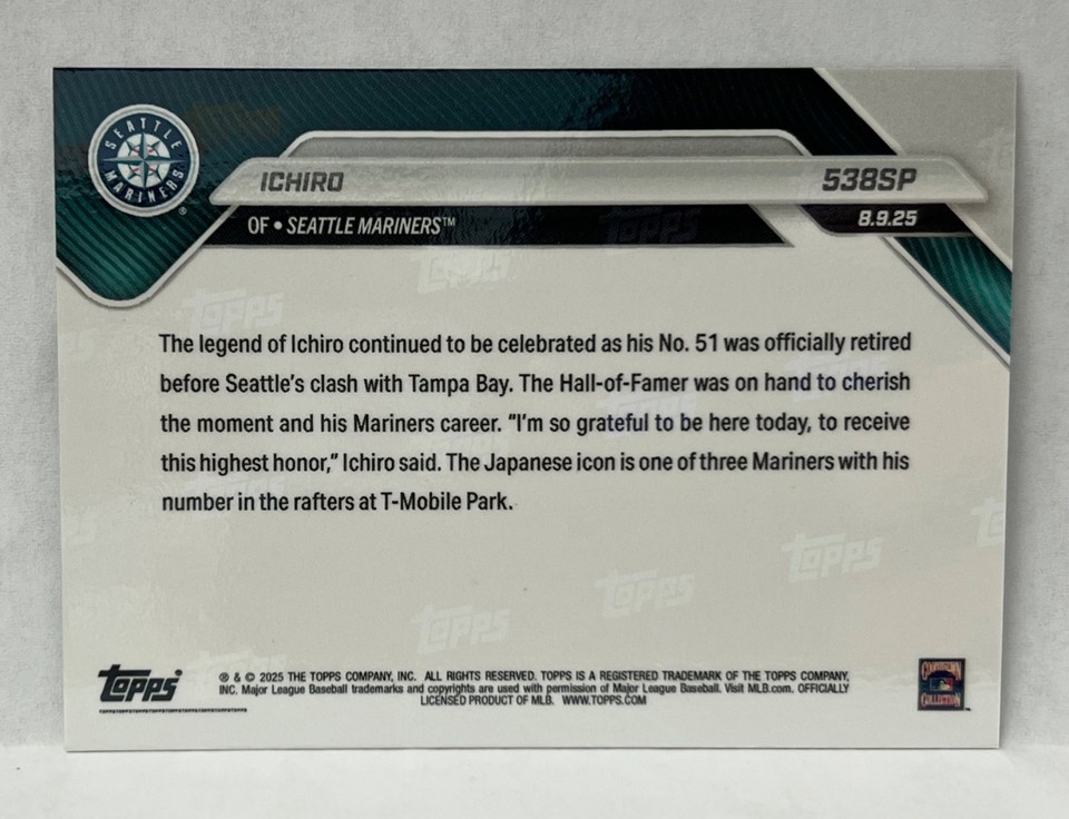 2025 Topps Now #538SP Ichiro Seattle Mariners Photo Variation Short ...