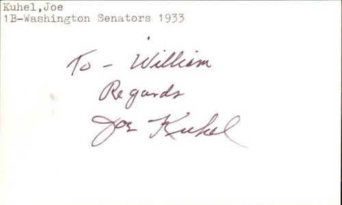 Joe Kuhel Signed 3x5 Index Card Cut d.84 Nationals White Sox Autograph ...